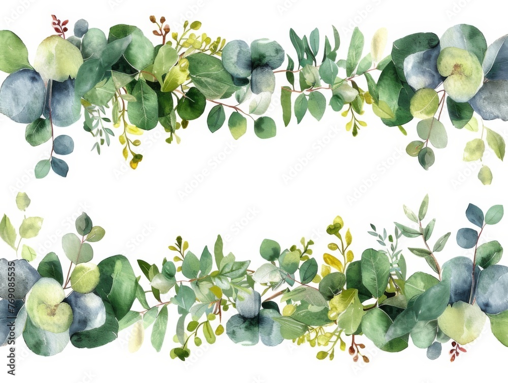 Watercolor eucalyptus leaves and branches frame isolated on a white ...