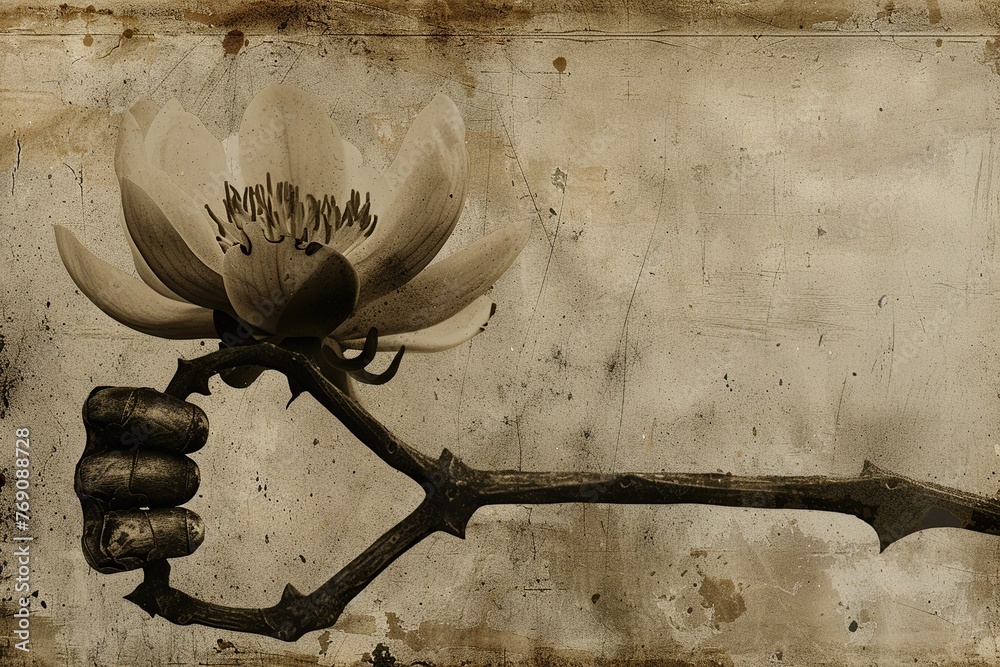 Juxtaposition of a delicate flower growing from the core of a menacing ...