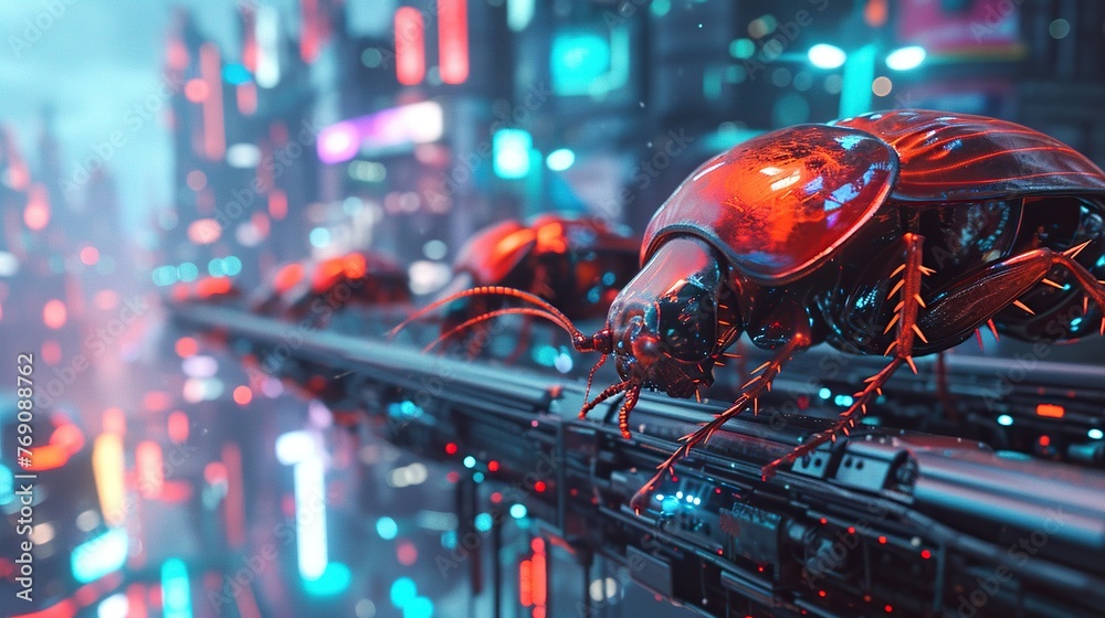 Miniature world where cockroaches are portrayed as futuristic, robotic entities. The sci-fi ...
