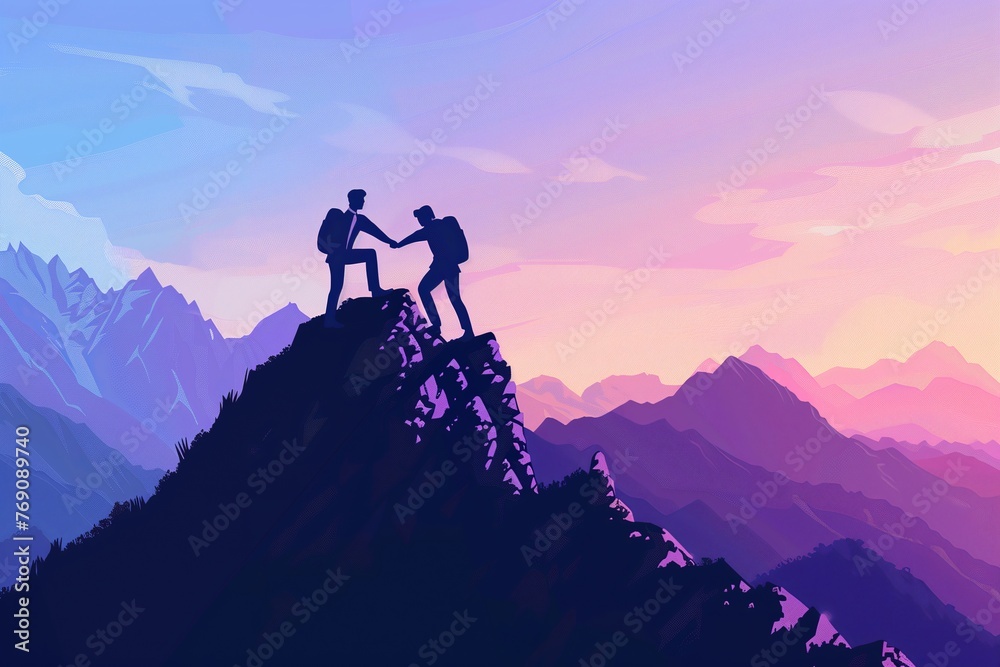 Two businessmen in suits collaborating to scale a mountain summit, one ...