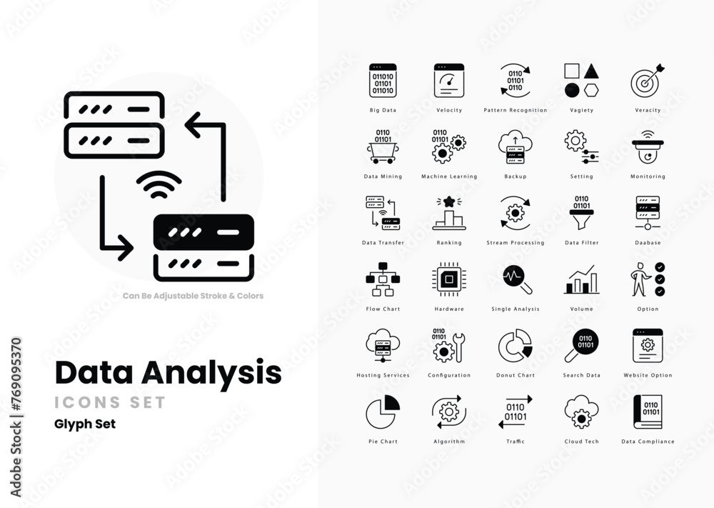 Vetor de Data analysis icons set, Database, Spreadsheet, Graph, Pie ...