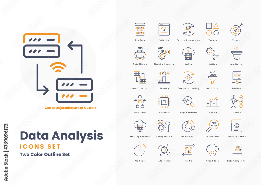 Vetor de Data analysis icons set, Database, Spreadsheet, Graph, Pie ...