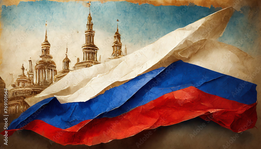 Russia flag with traditional Russian architectures on crumpled paper ...