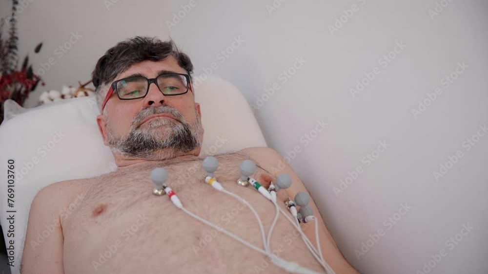 Hospital nurse fix electrodes on patient chest for cardiology tests. A ...
