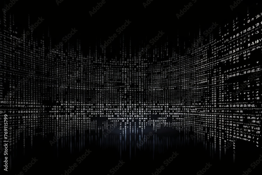 Binary code, frontal view, screen, solid black background, tech ...