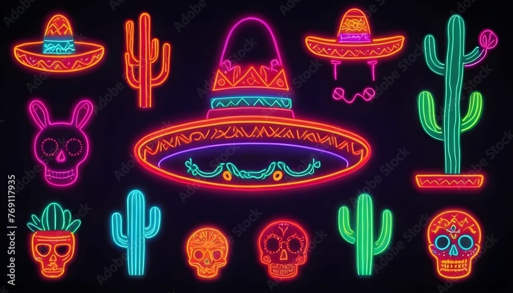 Neon Mexican icons. Icon from Cinco De Mayo. Mexico neon sign. Day of ...