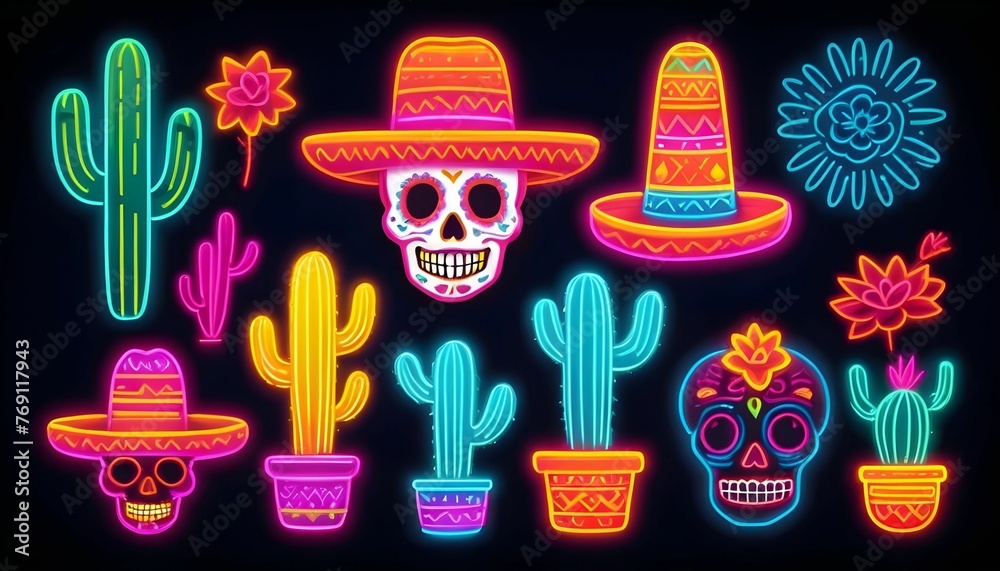 Neon Mexican icons. Icon from Cinco De Mayo. Mexico neon sign. Day of ...