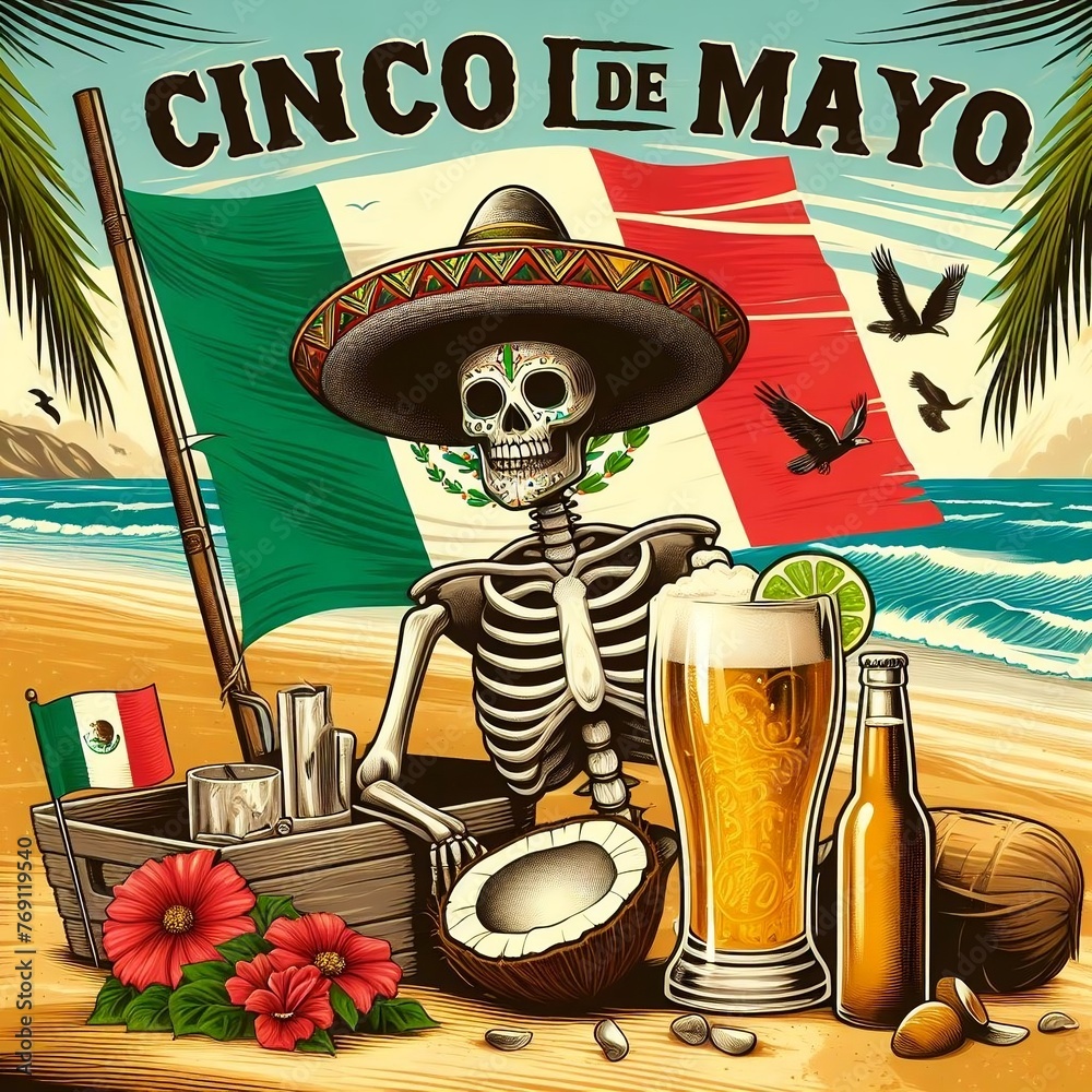 Cinco de Mayo banner and poster design. flag, a skeleton with a hat ...