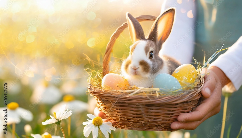 easter eggs bunny in a basket nest holding hands spring season ...