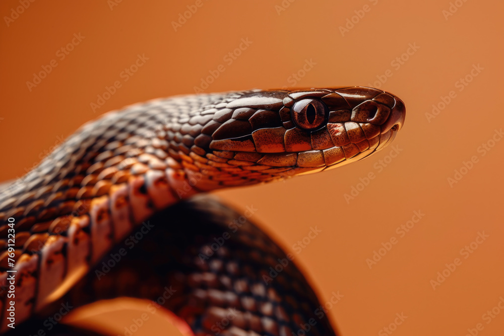 A purebred snake poses for a portrait in a studio with a solid color ...