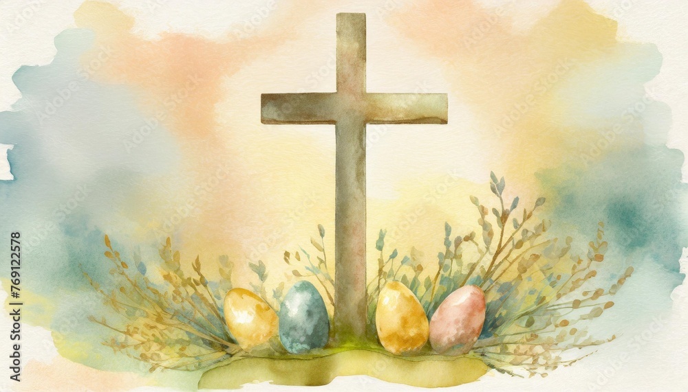 christian cross clipart with watercolor easter theme border and banner ...