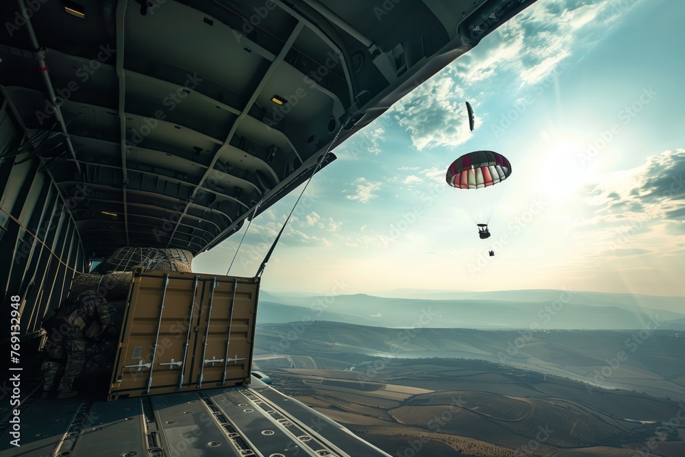 Airdrop operation delivering humanitarian or military supplies from ...