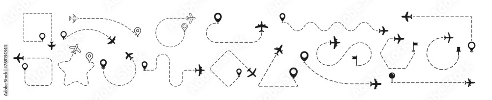 Vetor de Plane path with location pins vector illustration. Airplane ...