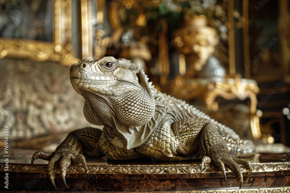 A purebred lizard poses for a portrait in a studio with a solid color ...
