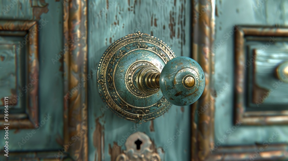 Distressed wooden door with a vintage doorknob. Worn antique handle ...