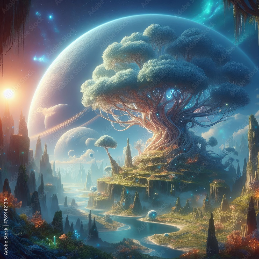 A stunning digital art 3D illustration portrays a fantasy dreamscape ...