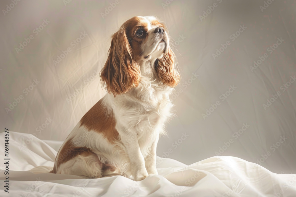 A purebred dog poses for a portrait in a studio with a solid color ...