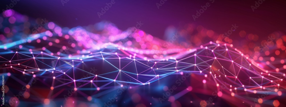 Banner with violet-pink abstract background with a network grid and ...