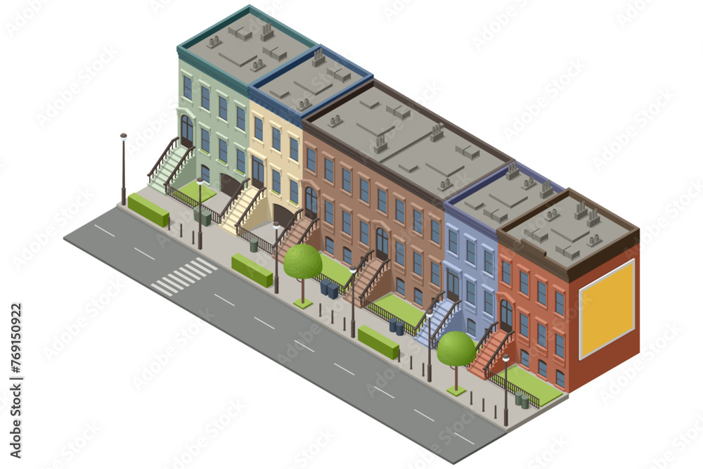 Isometric New York Old Manhattan Houses. Brooklyn Apartment. Old ...