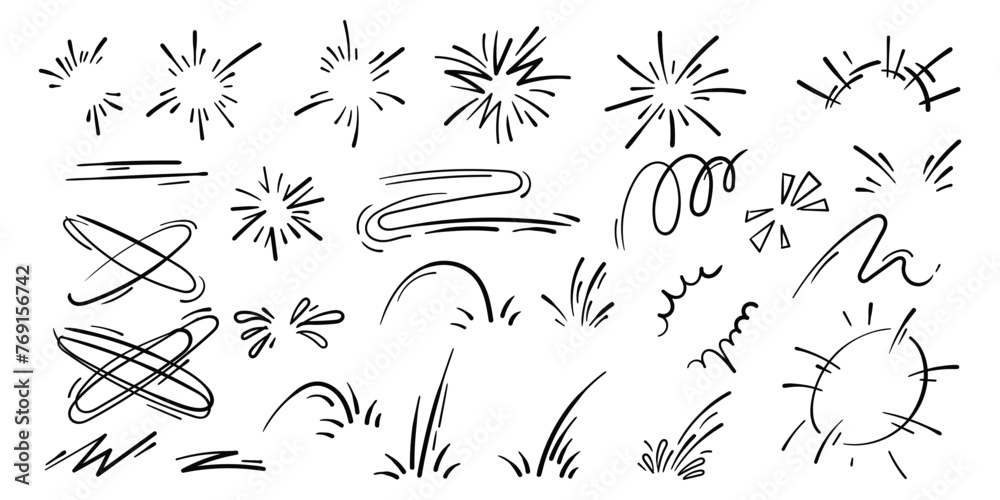 Cartoon line and fire sparks effect. Vector comic doodle hand drawn ...