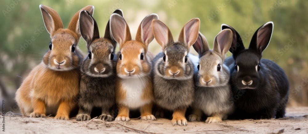 Group of four cute rabbits are lined up in a neat row on the ground, their fluffy fur blending ...