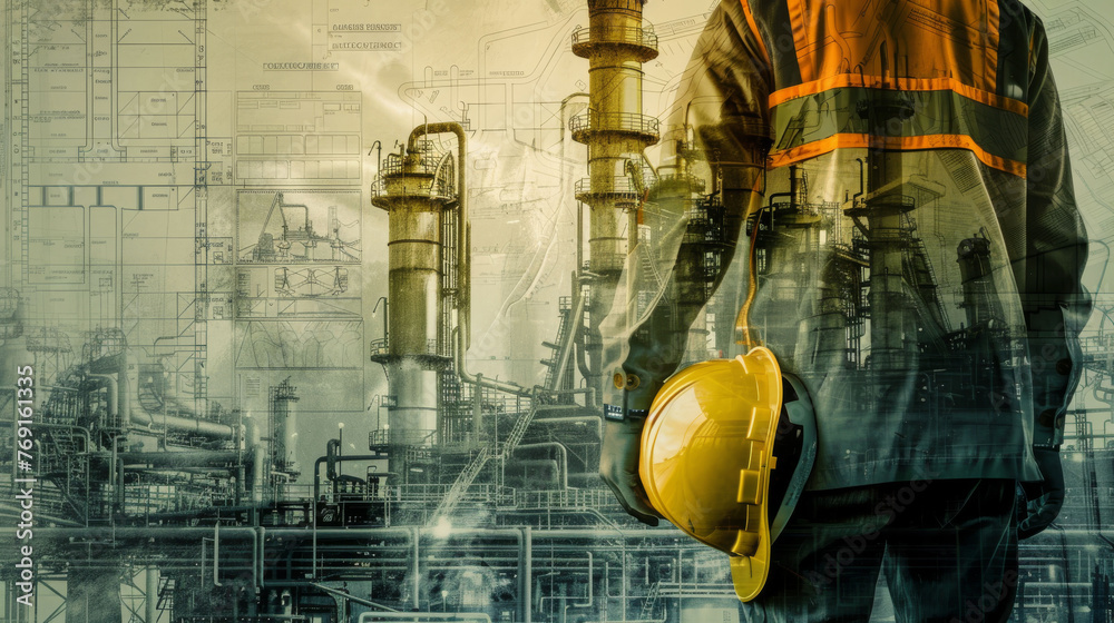 Engineer hi vis, hardhat map overlay with chimney chemical works ...