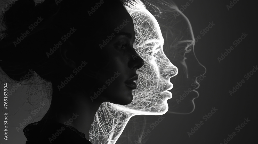 Woman's profile, AI profile next to artists impression of a female ...