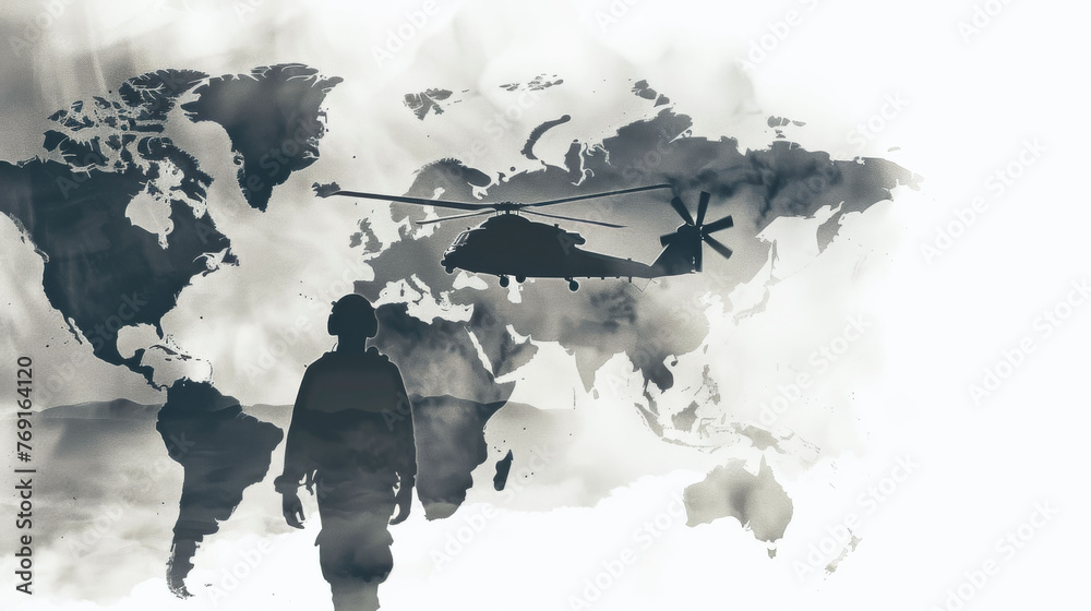 Silhouette of infantry soldier and helicopter with an overlay of the ...