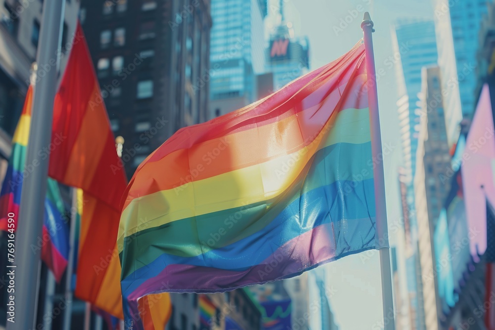 The gay pride flag is flying in the city during an open air festival ...