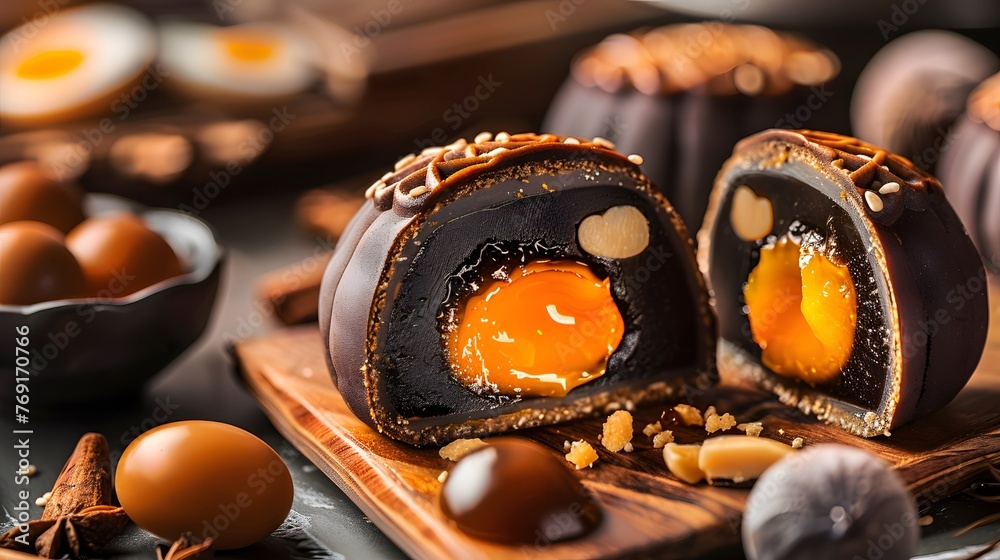 Mooncake cut in half showing traditional filling of lotus seed paste ...
