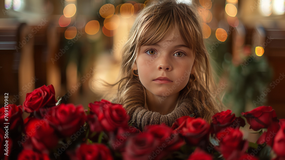 girl with a sad face Roses are being placed on a coffin inside a church ...