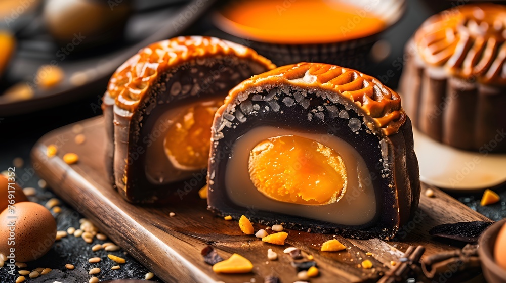 Mooncake cut in half showing traditional filling of lotus seed paste ...