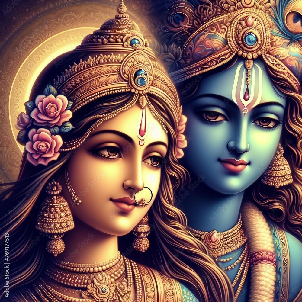 Divine Embrace: Close-Up Drawing of the Beautiful Goddess Radha and ...