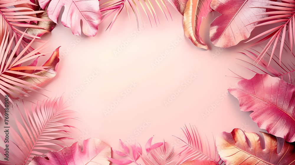 fond rose clair encadré par des feuilles tropicales roses et dorées ...