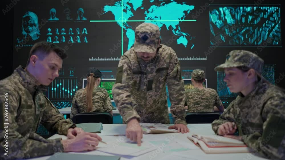 Group of security squad in control center. Military headquarters ...