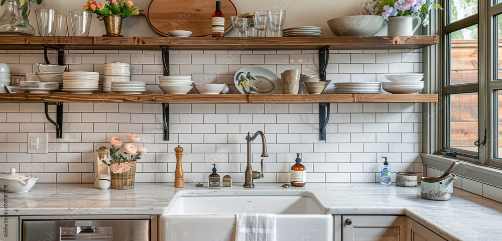 A quaint kitchen in the Craftsman style, complete with subway tile ...