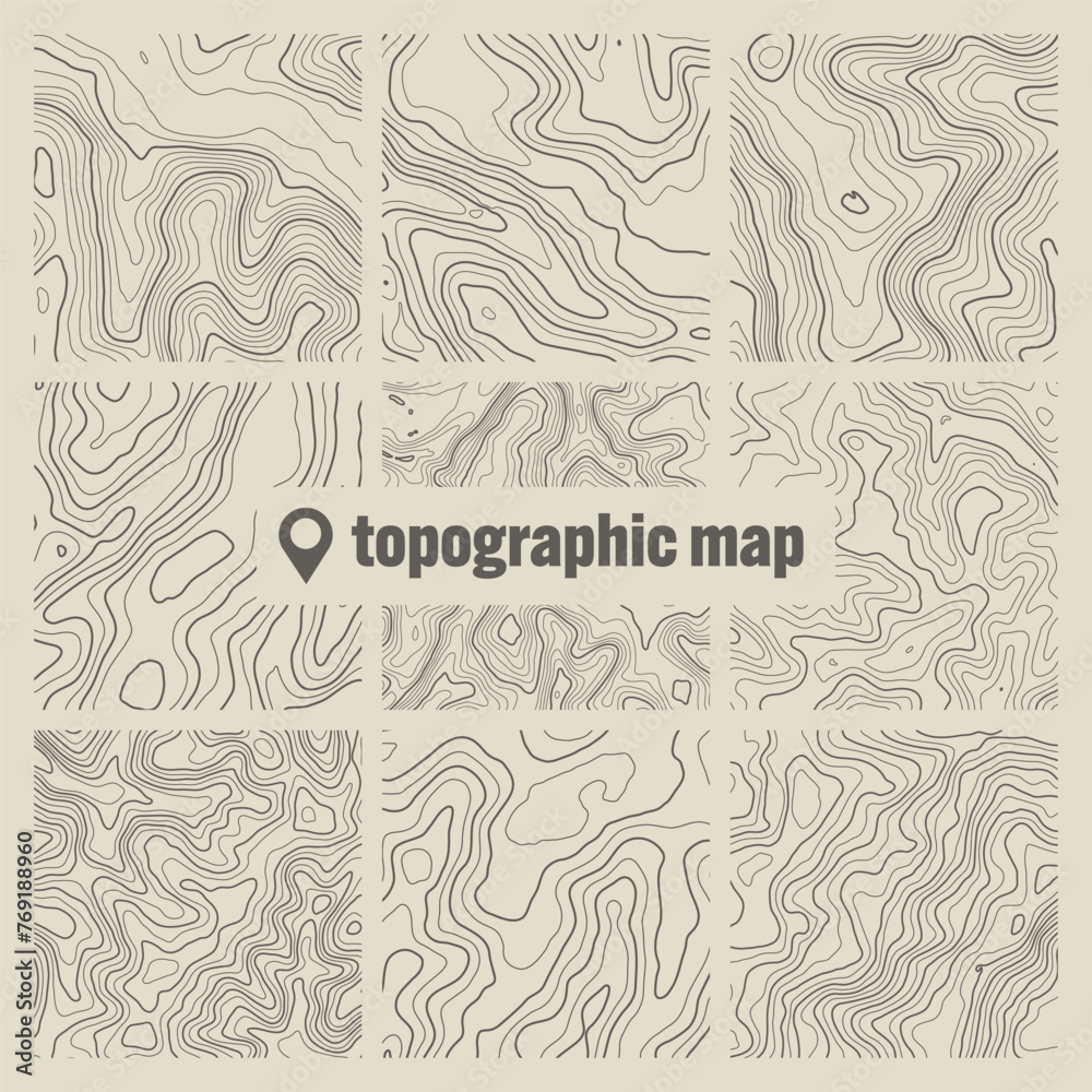 Topographic map with contour lines. Geographic terrain grid, relief ...