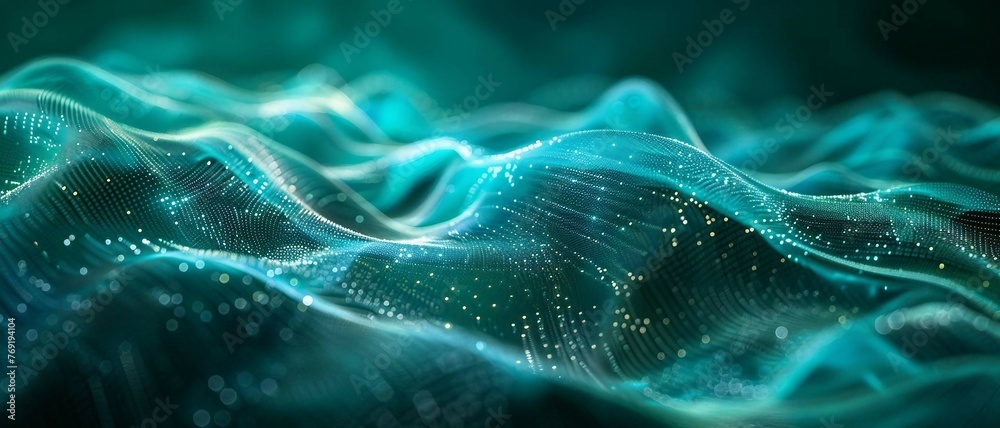 an oceanic blue-green digital background resembling sound waves, with ...