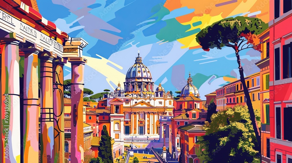 A modern pop art collage template depicting Rome, crafted as an ...