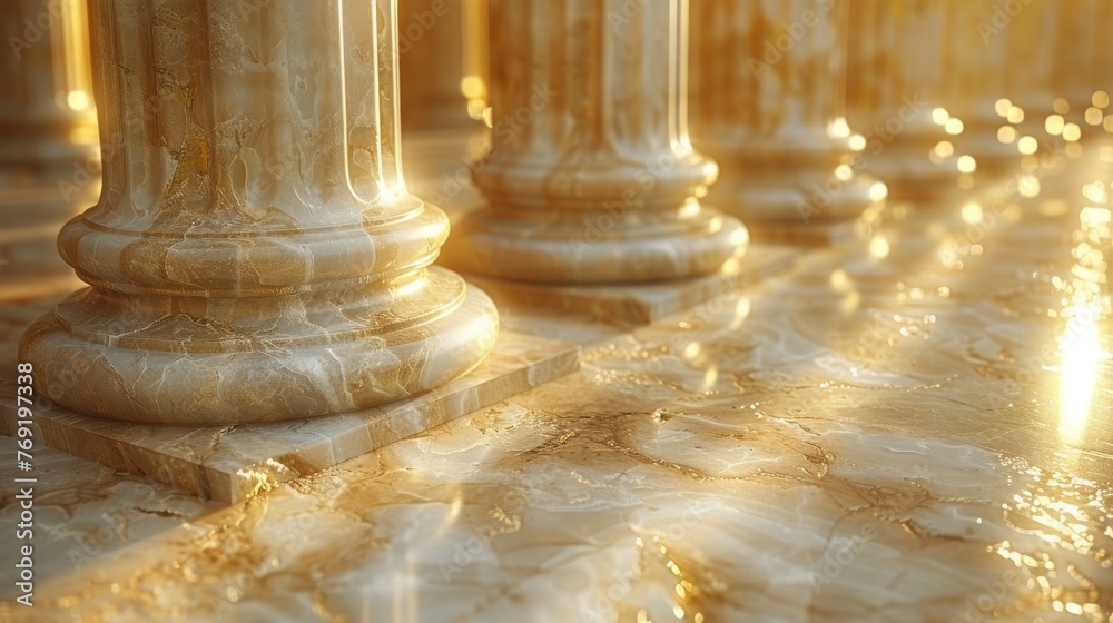 A sun-kissed marble texture, reflecting the gleaming white columns and ...