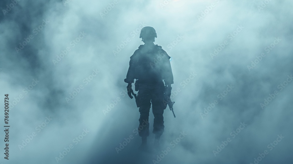 Image of soldier clad in full combat gear, enveloped by the thick mist ...