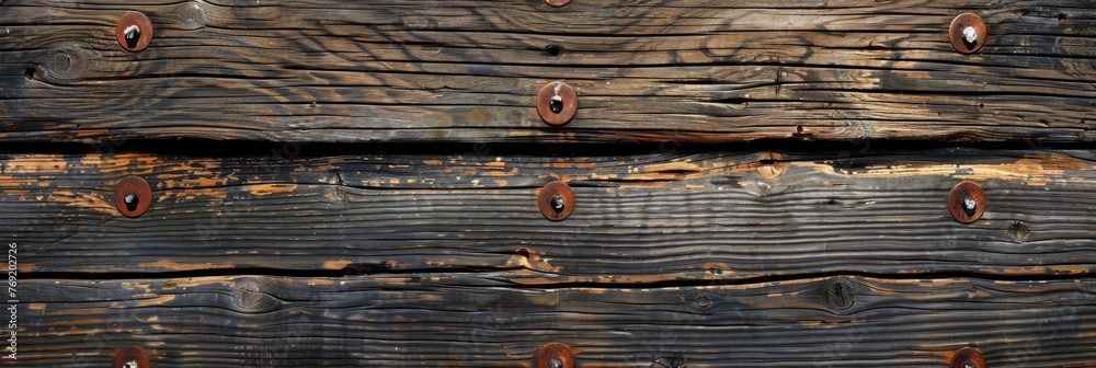 A weathered wooden plank texture from the deck of a pirate ship, with ...