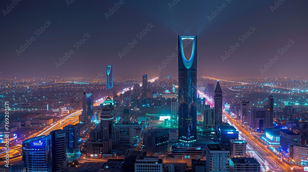 A night view of the Kingdom of Saudi Arabia showcases the Kingdom Tower ...
