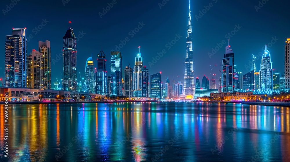 A nighttime scene in Dubai downtown reveals the city's stunning modern ...