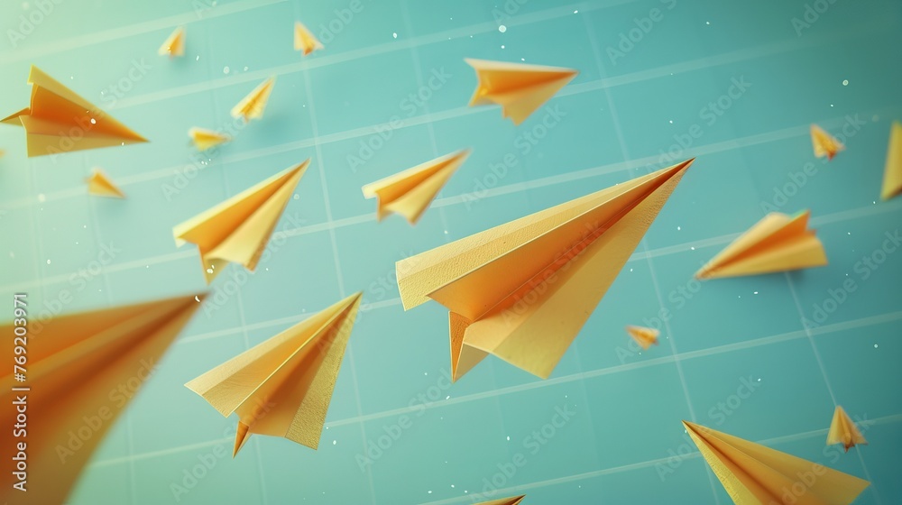 A school notebook background is animated with 3D yellow paper airplanes ...