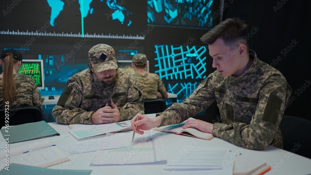 Group of security squad in control center. Military headquarters ...