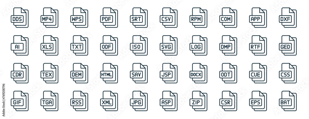 set of 40 outline web file type icons such as mp, ai, cdr, gif, rtf ...