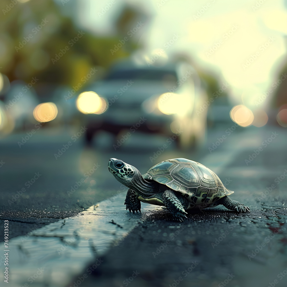 Perilous Journey of a Turtle: A Dramatic Night Scene on Wet Asphalt ...