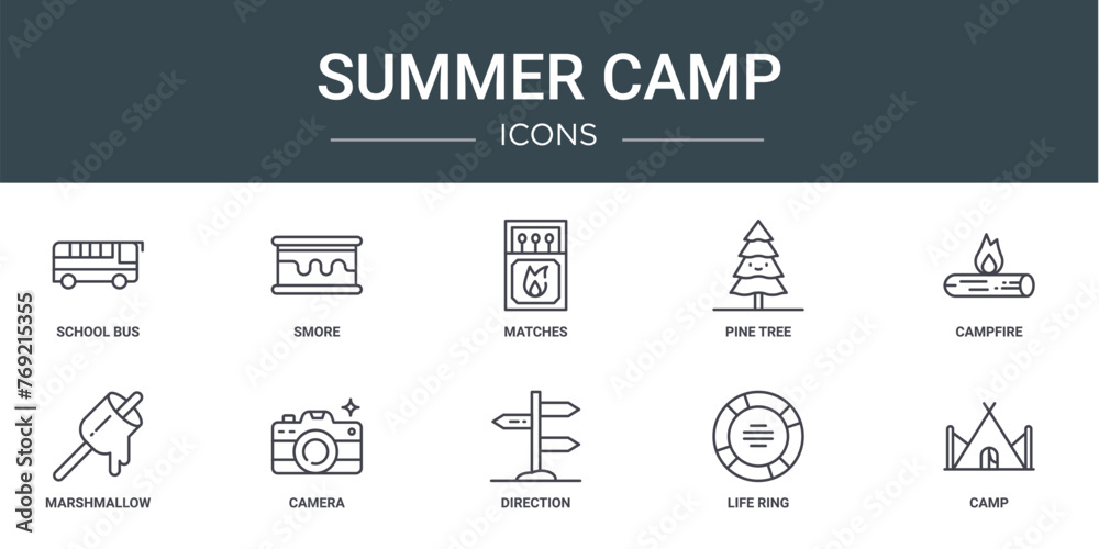 set of 10 outline web summer camp icons such as school bus, smore ...