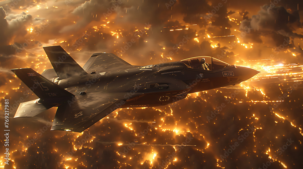 Jet fighters F-35 Lightning II engaged in battle and flying above the ...